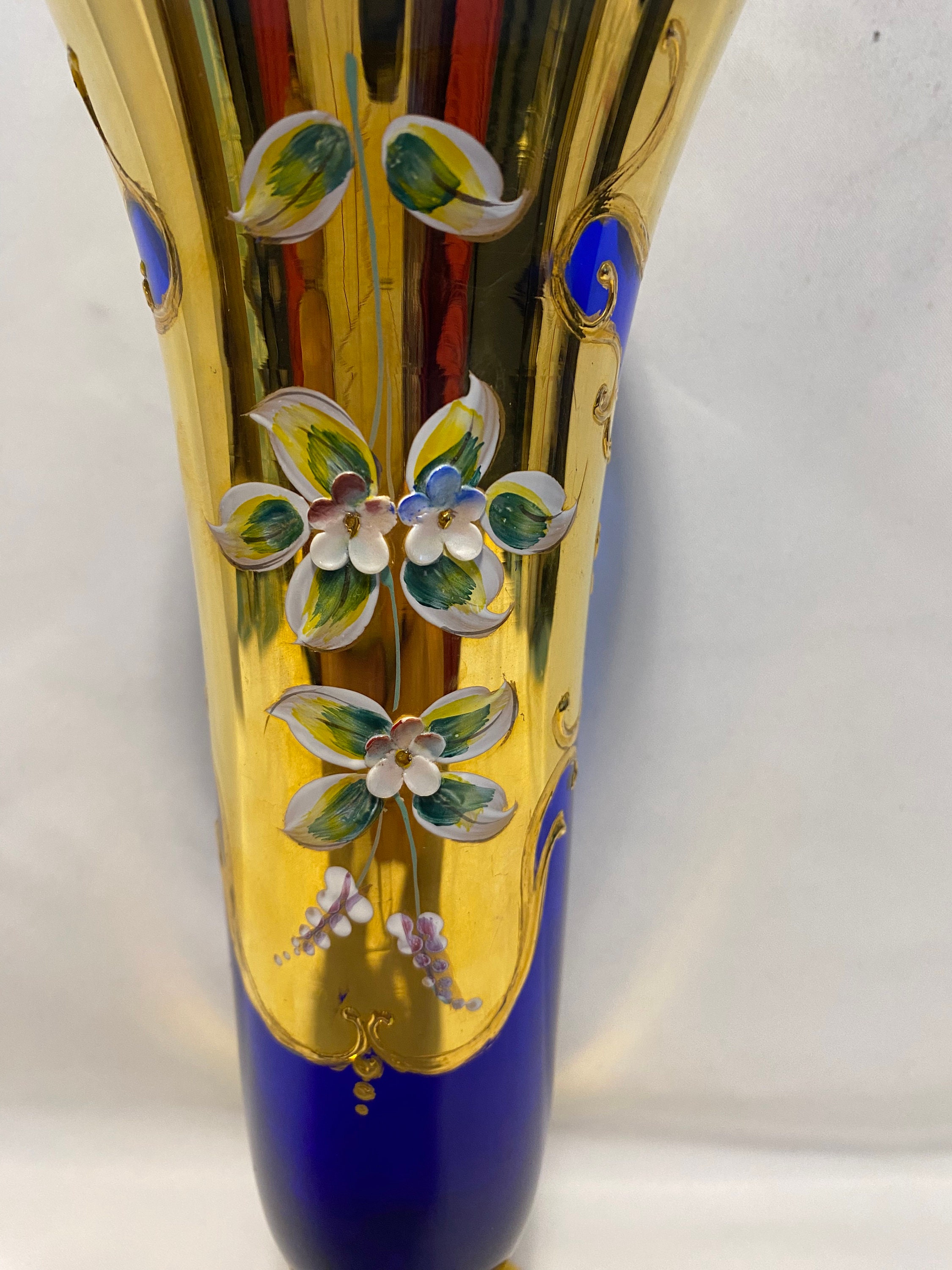 Opulent Cobalt Blue Bohemian Art Glass Vase 24K Gold, Enamel, Gold Gilt ...