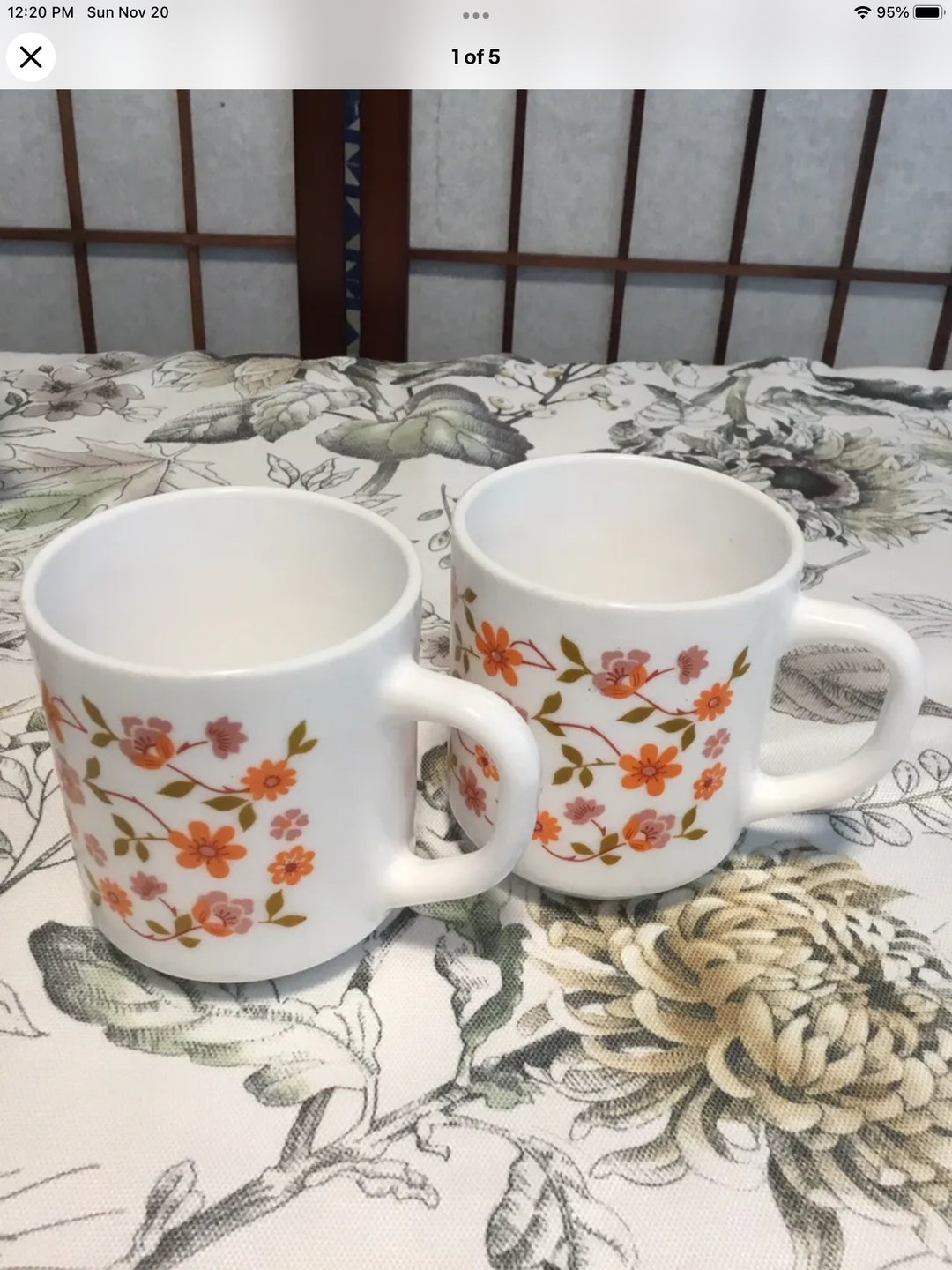 Pair Vintage French White Arcopal Milk Glass Coffee Mugs Orange Flower ...