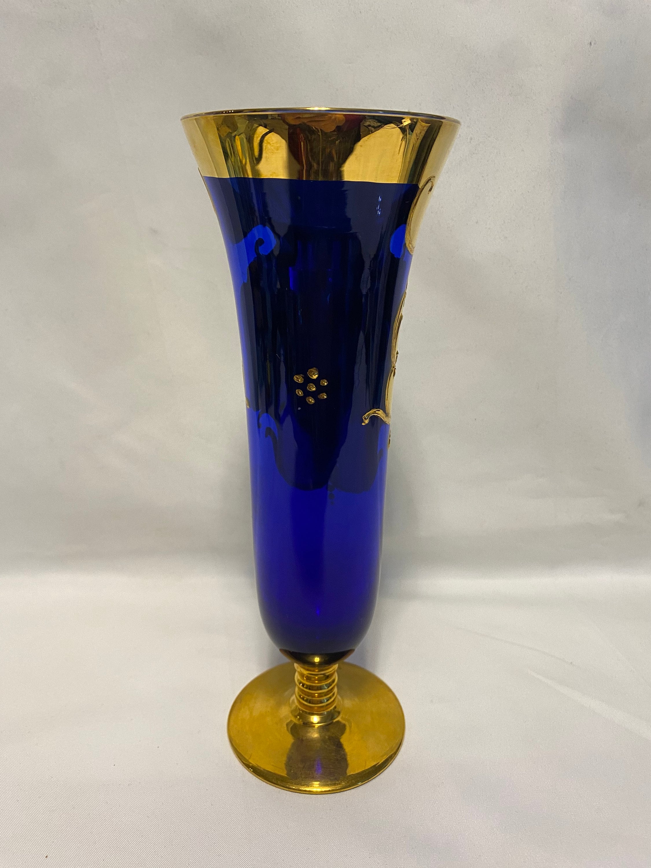 Opulent Cobalt Blue Bohemian Art Glass Vase 24K Gold, Enamel, Gold Gilt ...