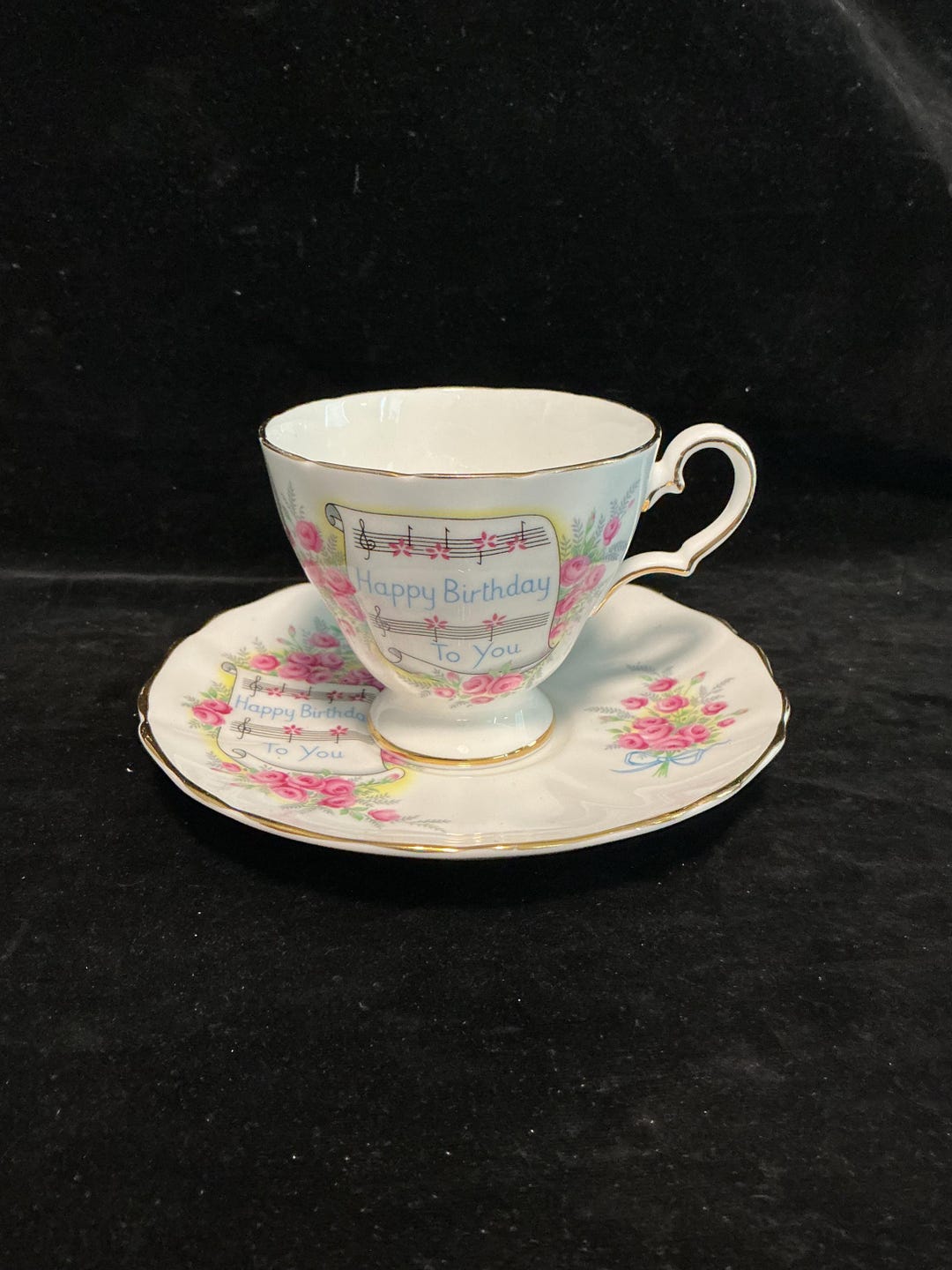 Vintage Regency Musical Happy Birthday Teacup and Saucer, Yellow Bone ...