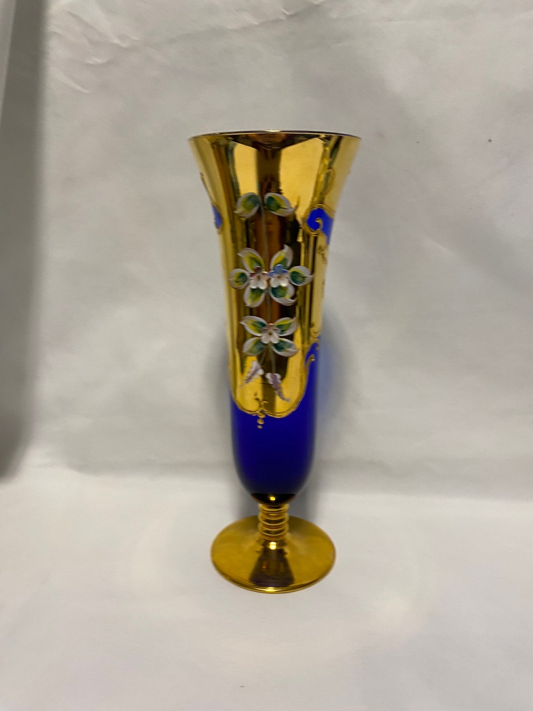 Opulent Cobalt Blue Bohemian Art Glass Vase 24K Gold, Enamel, Gold Gilt ...