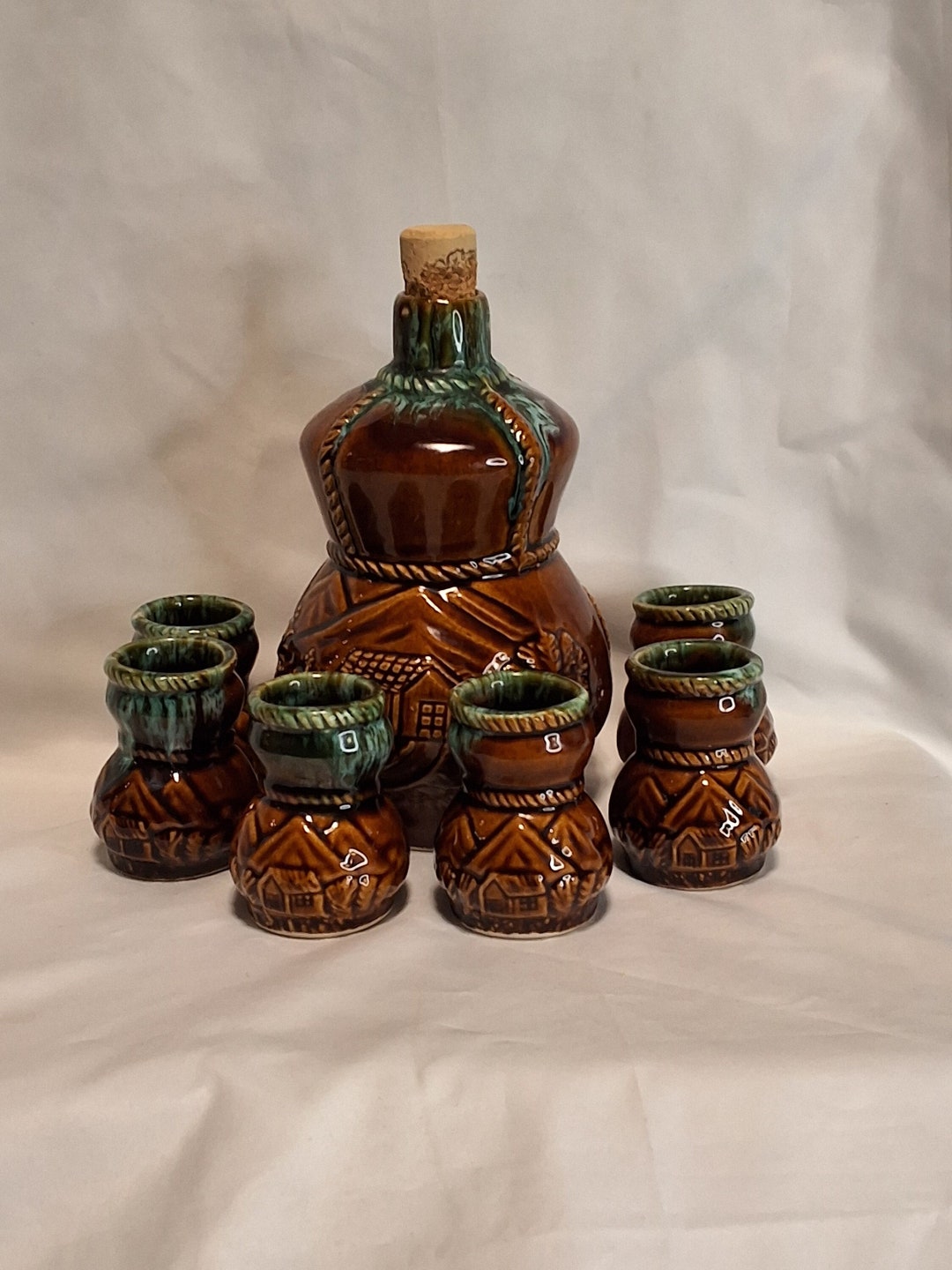 Rare Ceramic Tequila Decanter With 6 Matching Shot Glasses in Dark ...