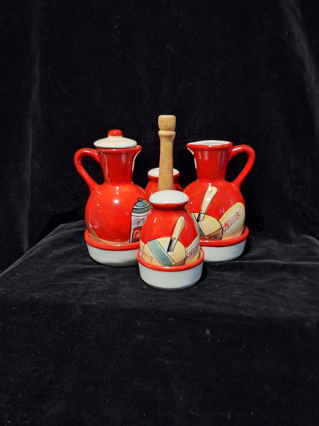 Vintage Italian Toscana Cruet Set - Hand-painted Ceramic, Wooden Stand ...