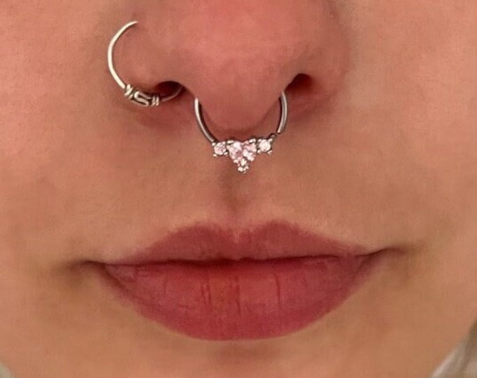 Pink Heart Septum Ring, 18G Silver Septum Ring, 10mm Cute Septum ...