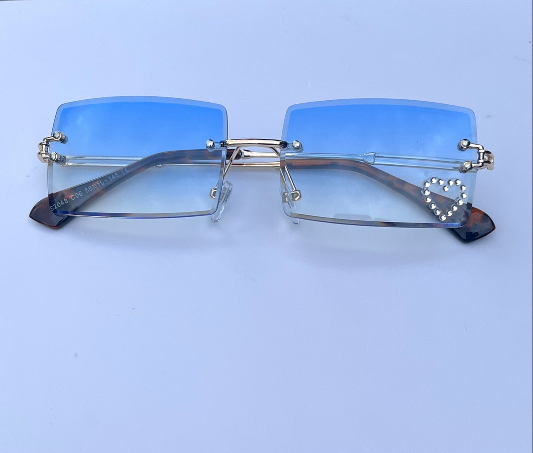 Y2K Retro Blue Sunglasses With Heart Rhinestones, Rectangle Sunglasses ...