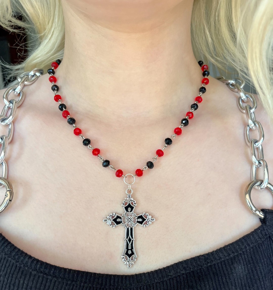 Gothic Rosary Necklace Red and Black Long Goth Cross - Etsy