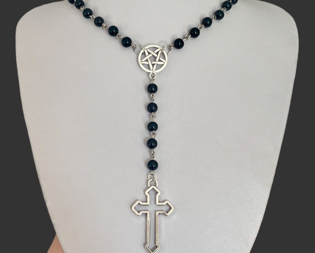 Goth Rosary Necklace, Cross Pentagram Necklace, Black Rosary Beads ...