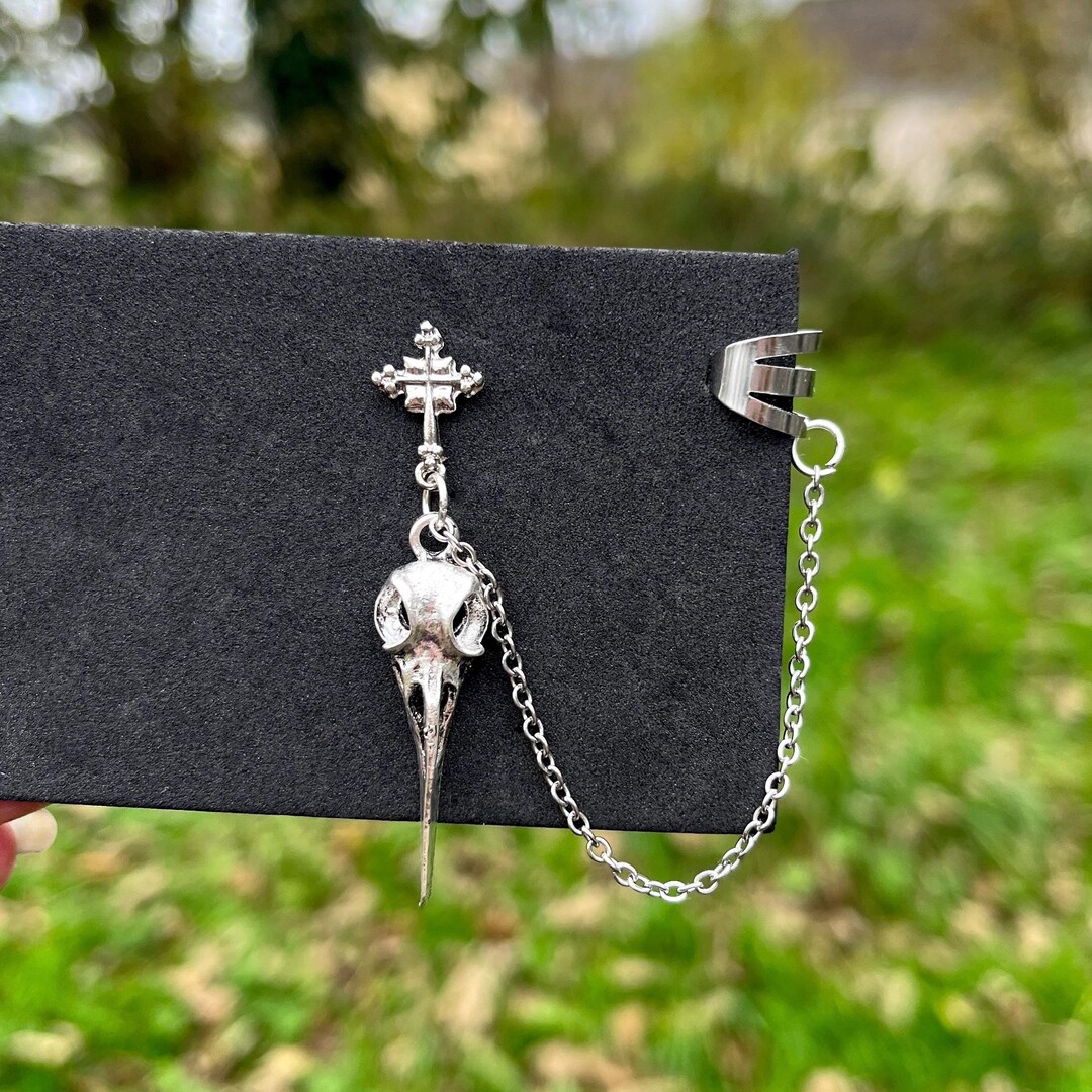 Bird Skull Ear Cuff Earrings, Raven Skull Earrings, Goth Jewelry ...