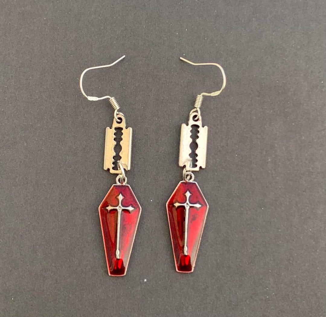 Red Coffin Razor Blade Earrings: Gothic Silver Hook Jewelry - Etsy