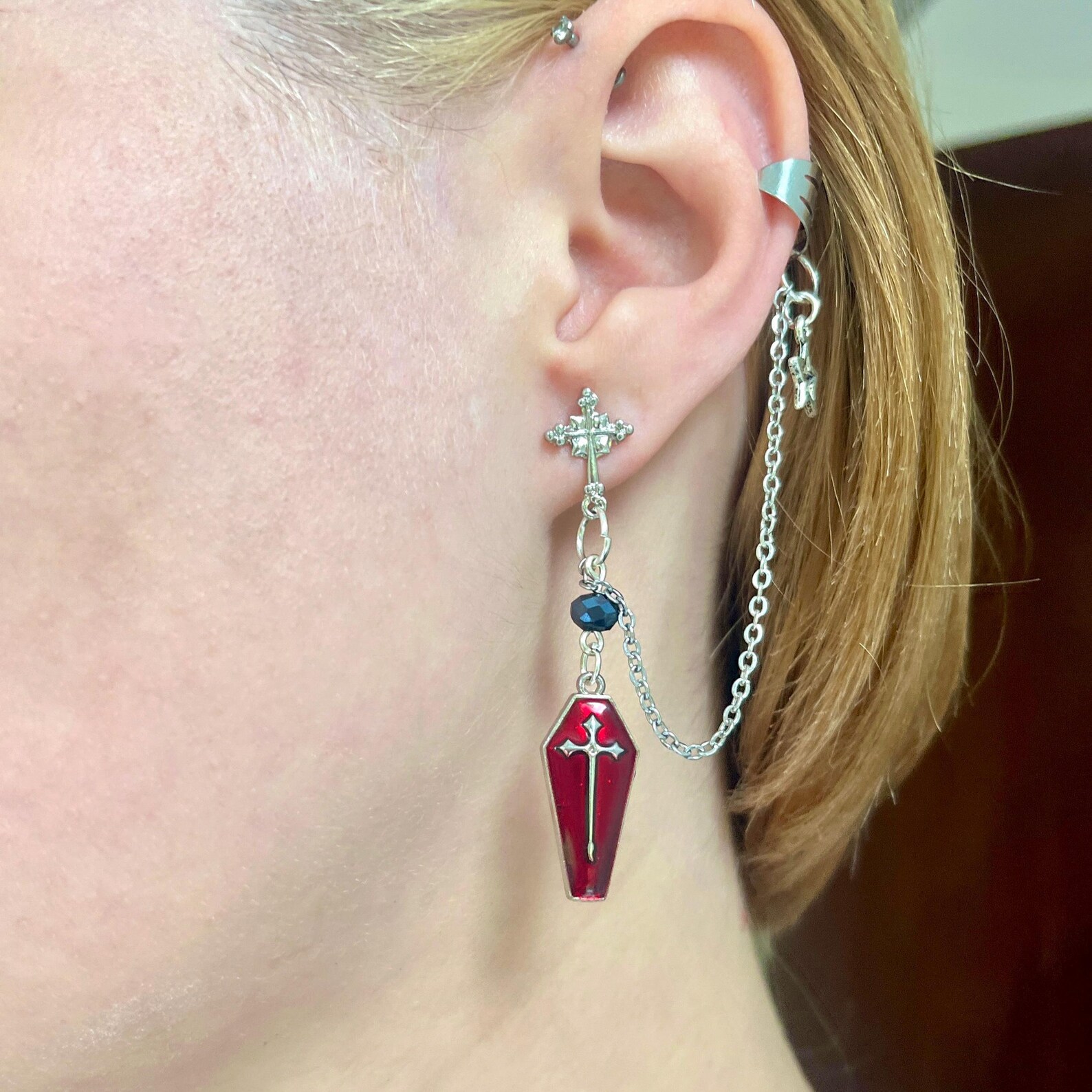 Coffin Shaped Dangle Earrings, Goth Earrings, Gothic Ear Cuff, Ear Cuff ...