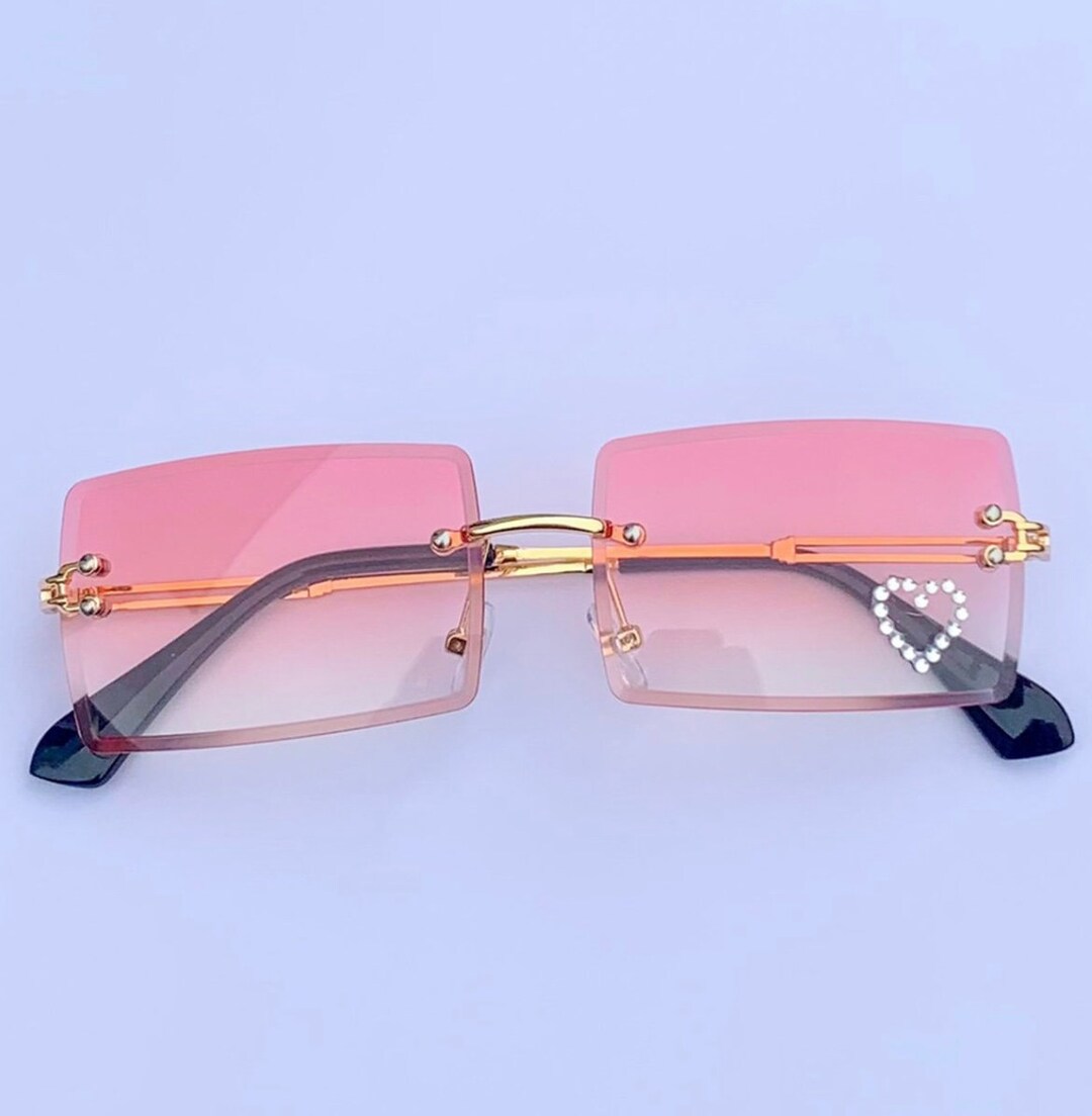 Y2K Retro Pink Sunglasses With Heart Rhinestones, Rectangle Sunglasses ...