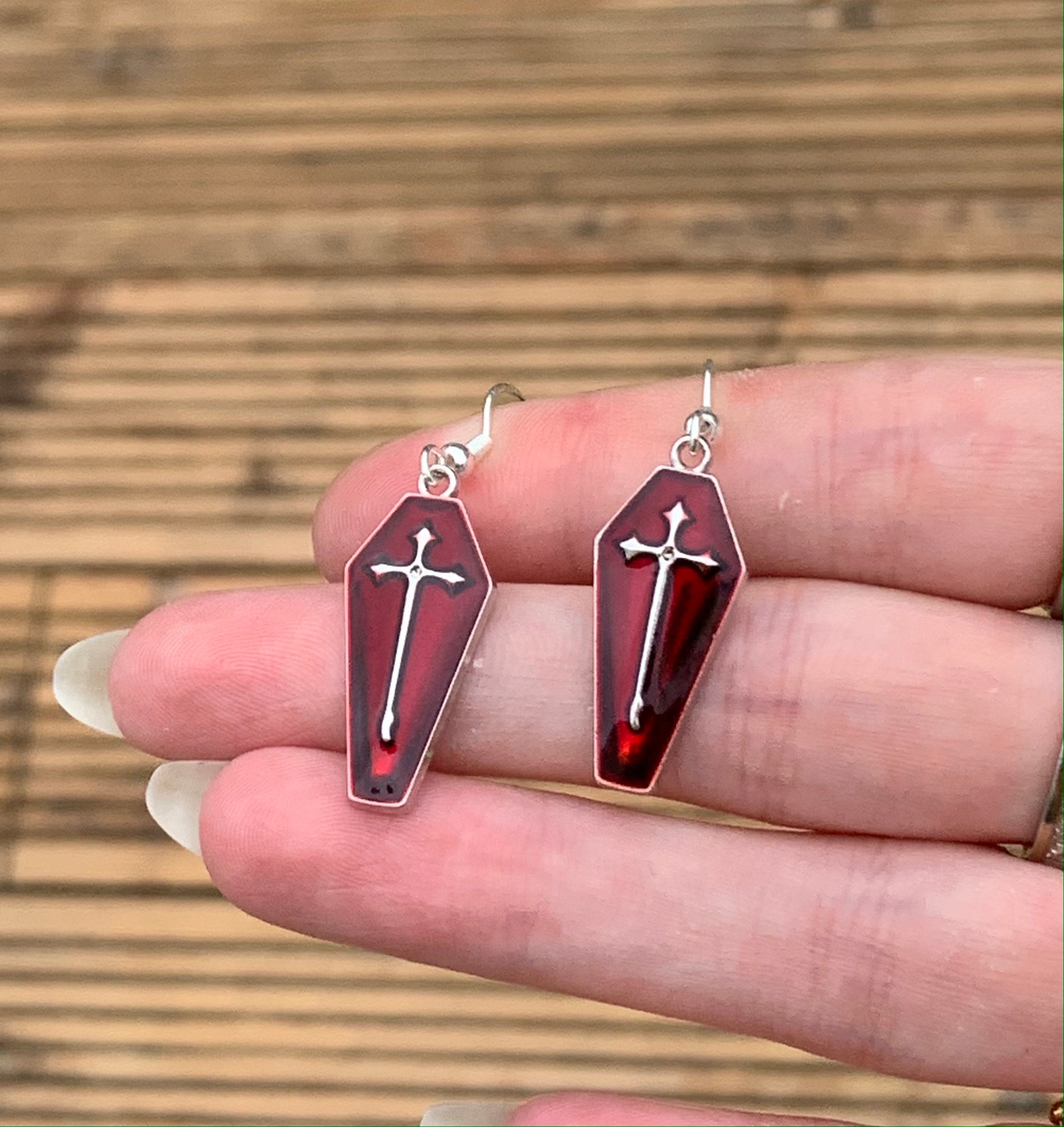 Coffin Shaped Red Cross Dangle Silver Hook Earrings for Men | Etsy UK