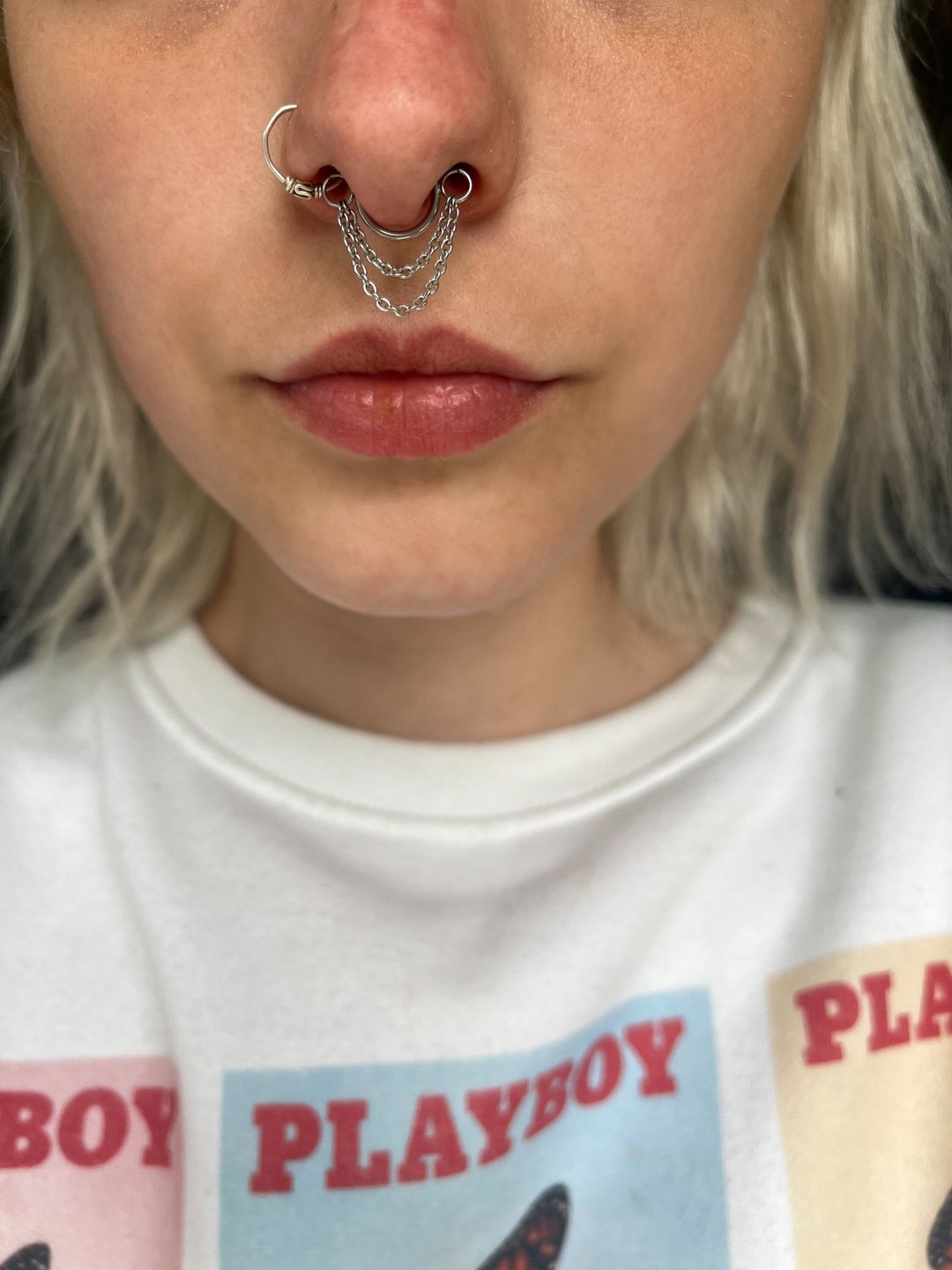 16G Chain Septum Ring, Septum Spinner Clicker, Silver Hinged Dangle ...