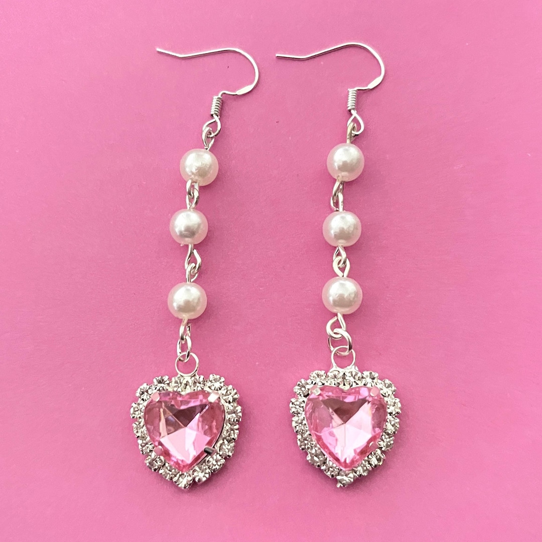 Y2K Pink Heart Earrings, 2000s Earrings, Kawaii Jewelry, Mcbling ...