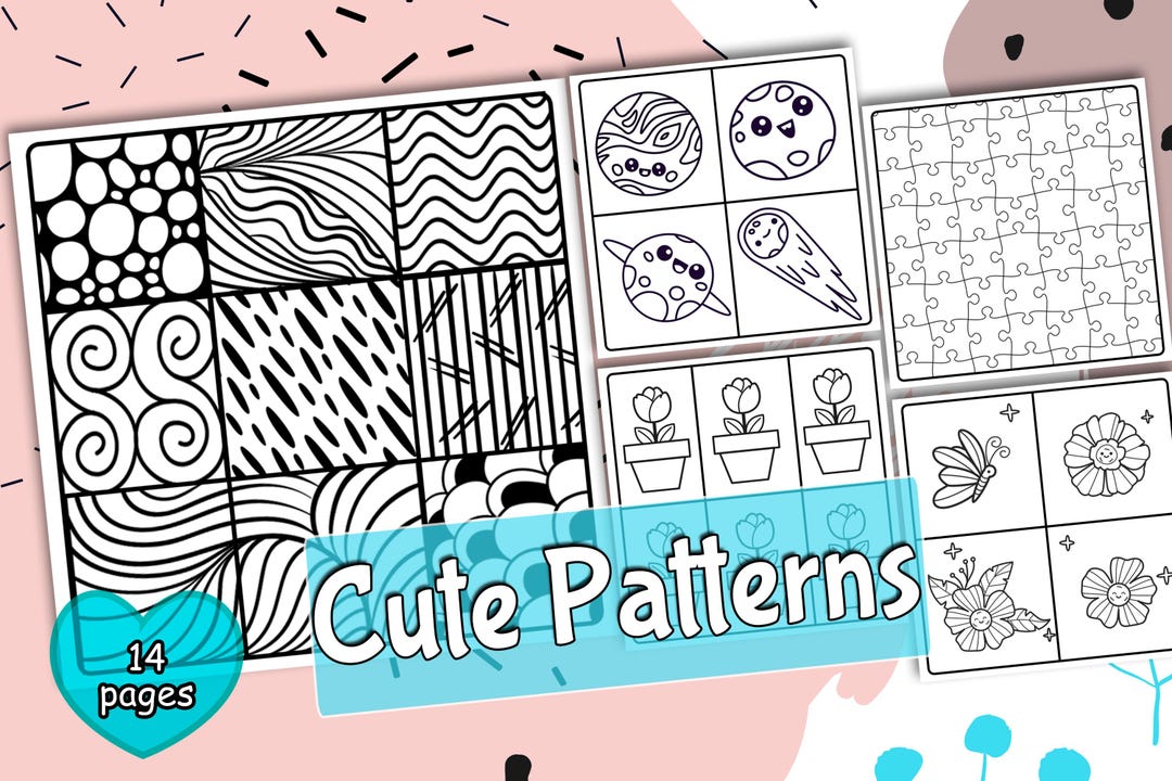 14 Cute Patterns Coloring Book Pages, Comfy Coloring Sheets, Grayscale ...