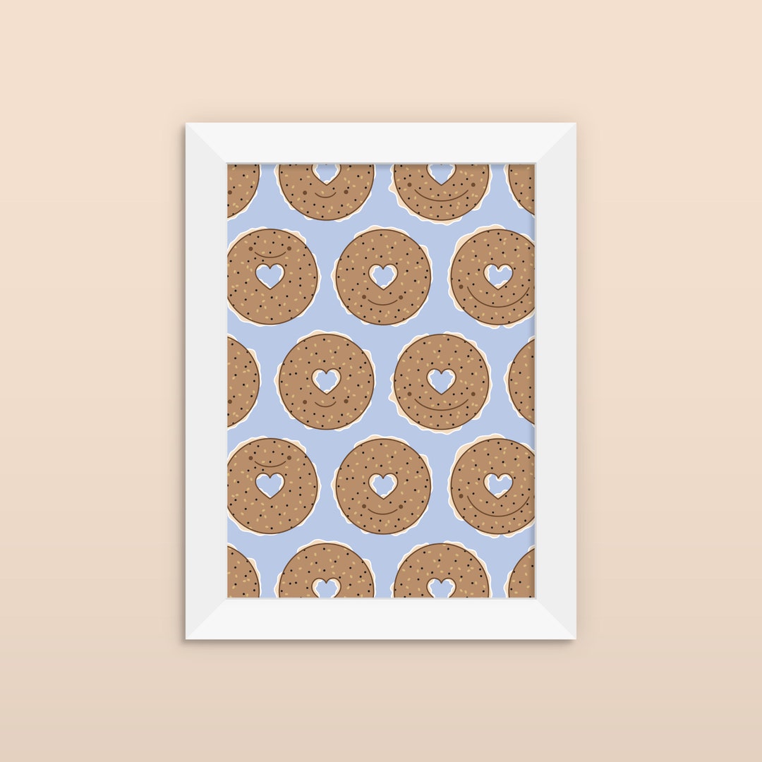 Bagel Art Print 5x7" or 8x10" | Cute Smiling Bagel Illustration Pattern ...