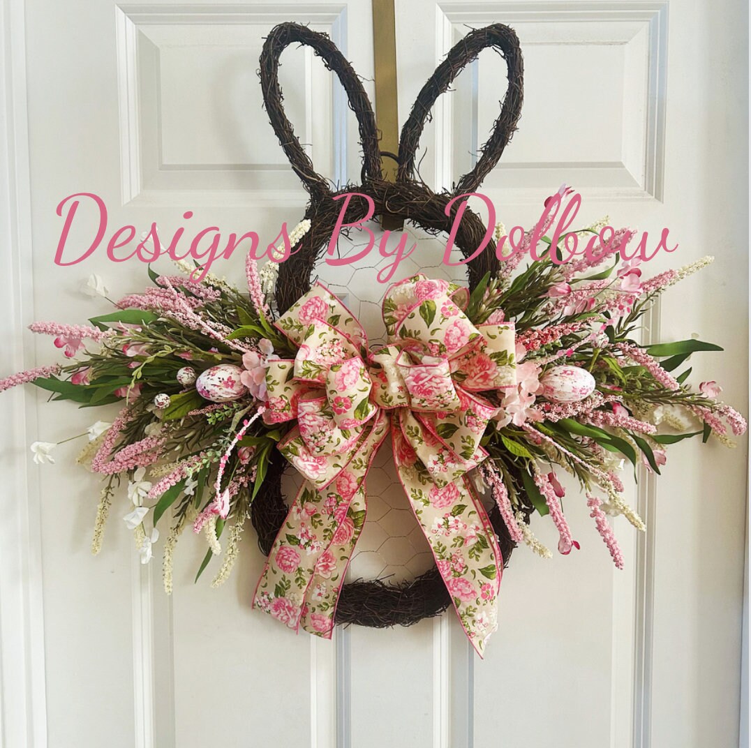 Easter Bunny Twig Wreath With Pink Flowers, Easter Wreath, Door Decor ...