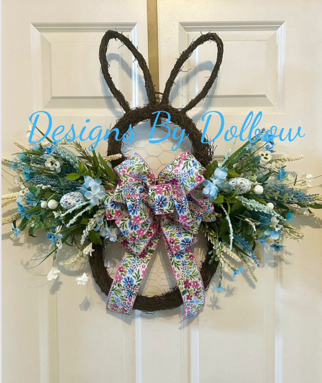 Easter Bunny Twig Wreath With Blue Flowers, Easter Wreath, Door Decor ...
