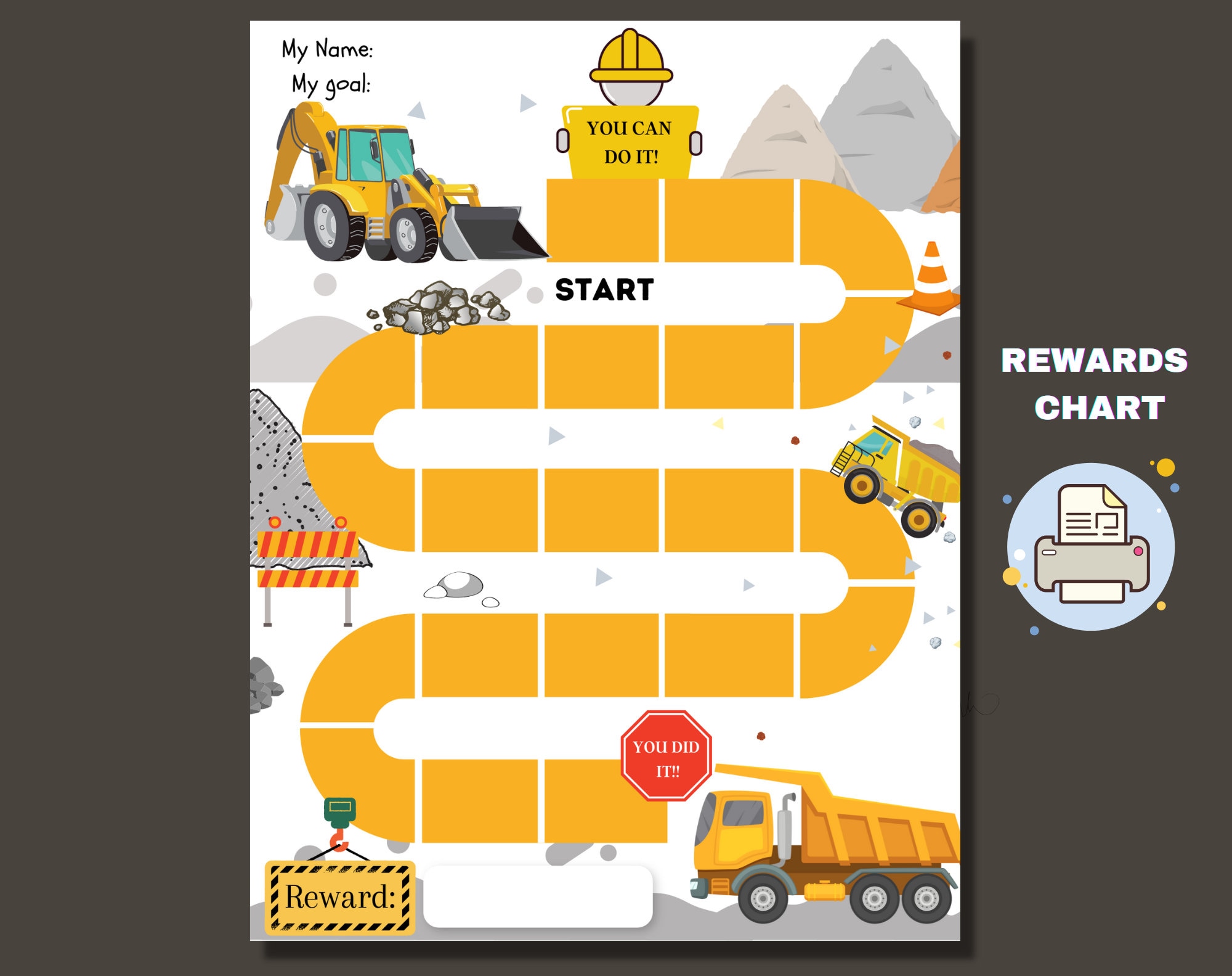 Construction Reward Chart for Kids, Toddlers, Boys, Construction ...