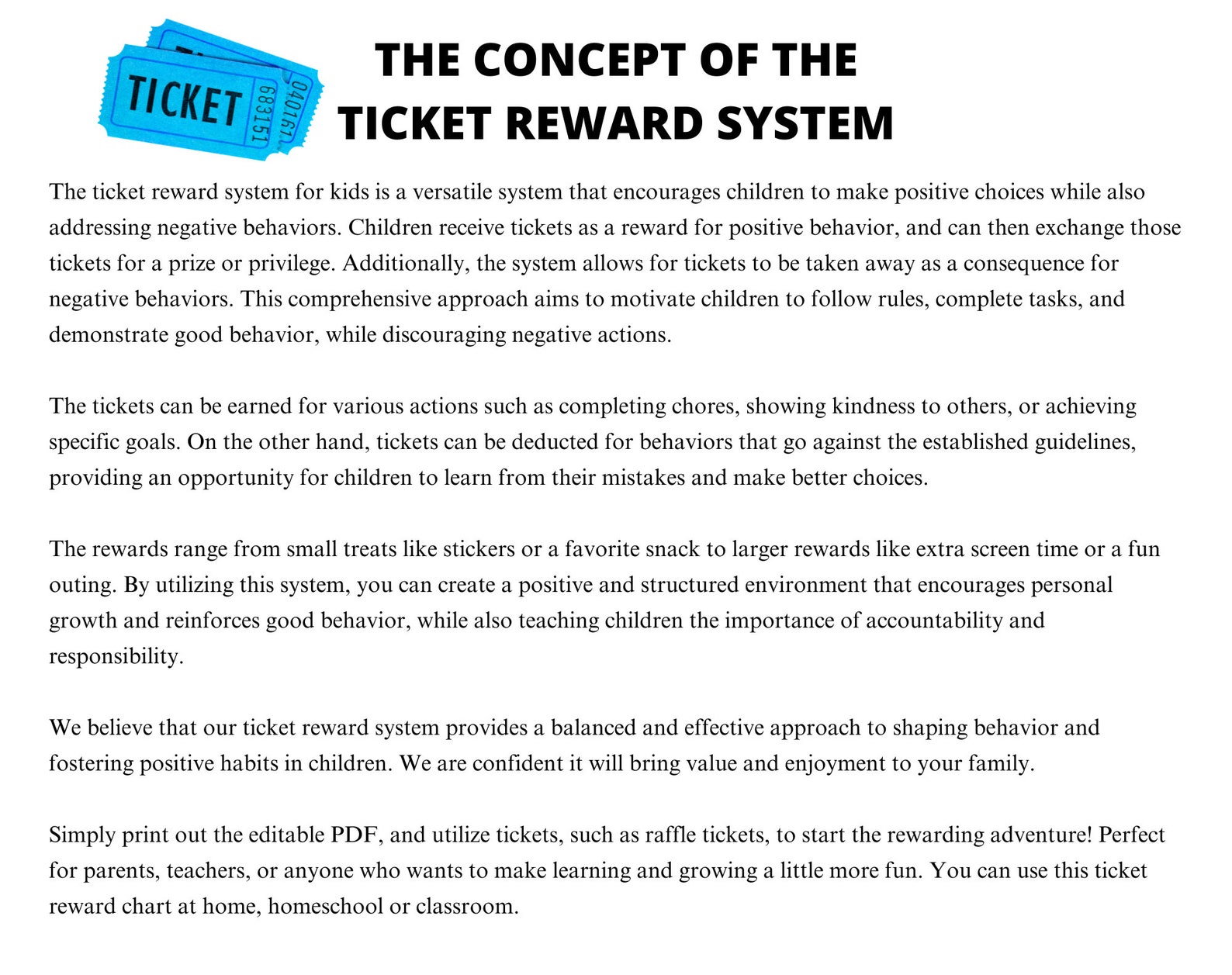 Ticket Rewards Chart for Kids, Raffle Ticket Reward System for Home ...