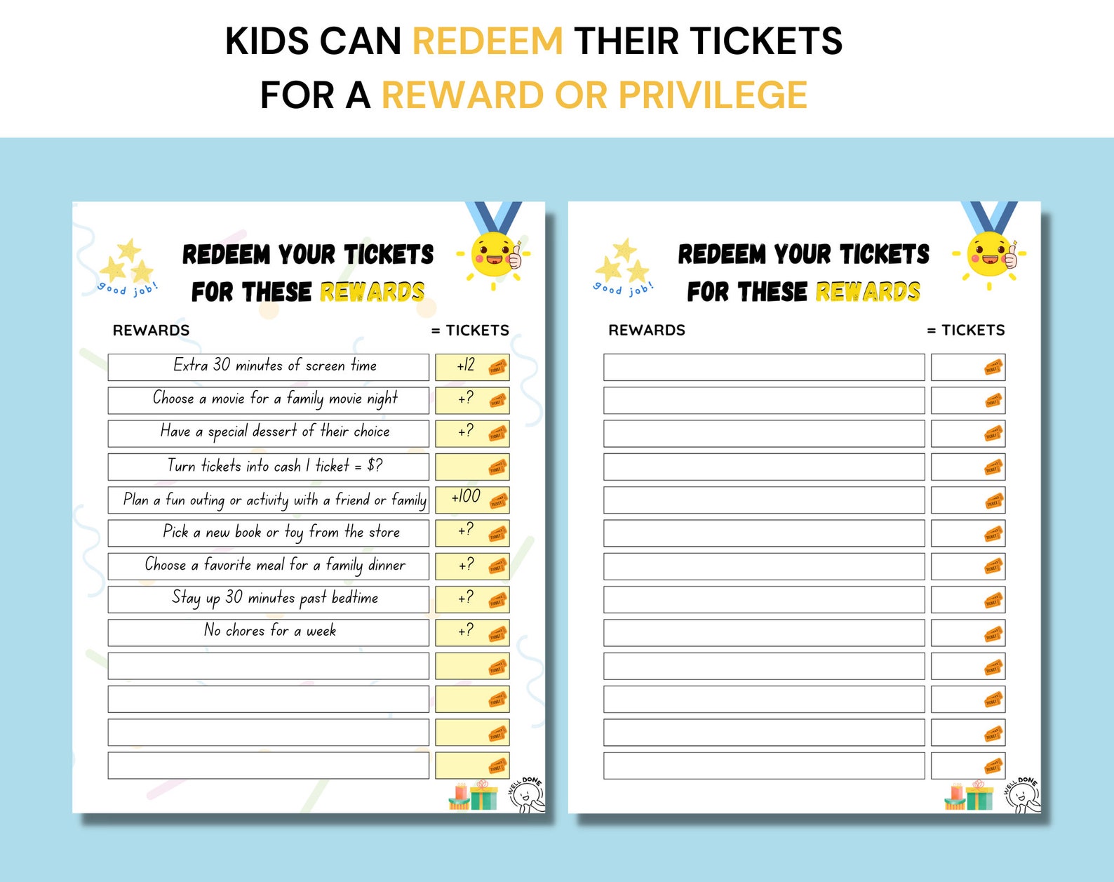 Ticket Rewards Chart for Kids, Raffle Tickets Reward System for Home ...