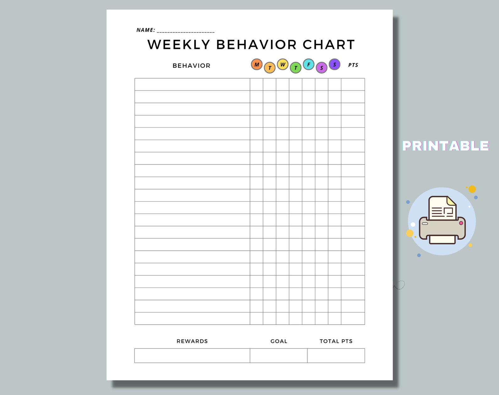Weekly Behavior Chart Printable for Kids, Students, Classroom ...