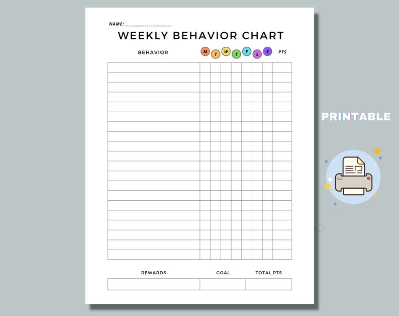 Weekly Behavior Chart Printable for Kids, Students, Classroom ...