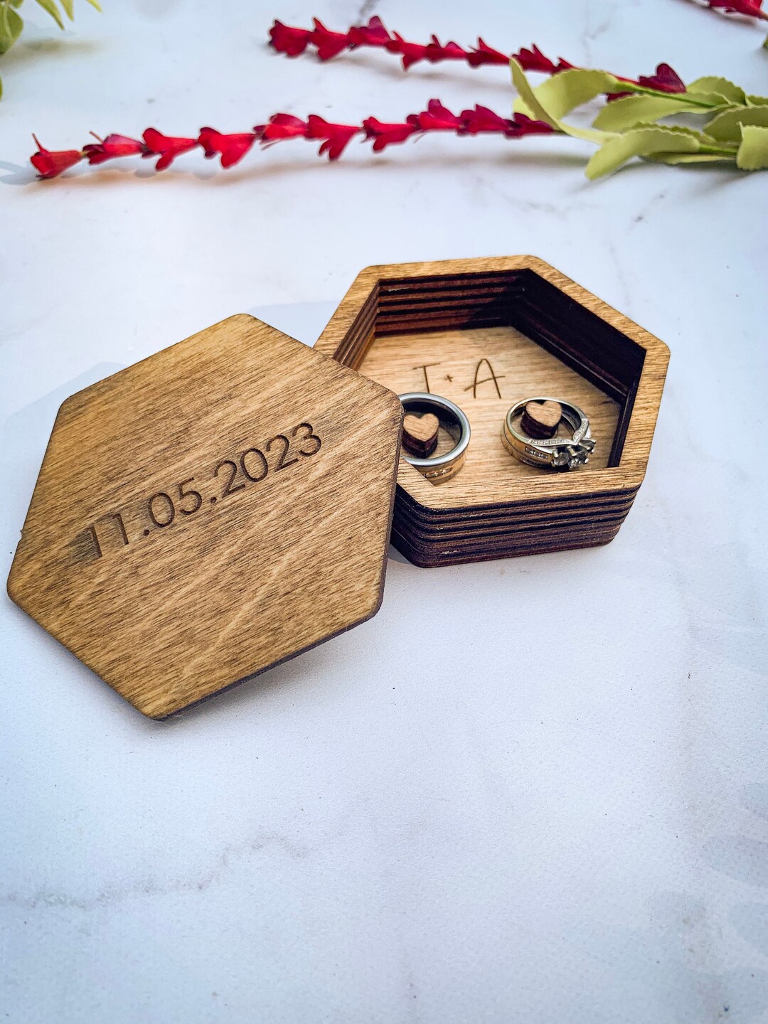 Personalized Wooden Ring Box for Ceremony, Hexagon Ring Box for Mr. and ...