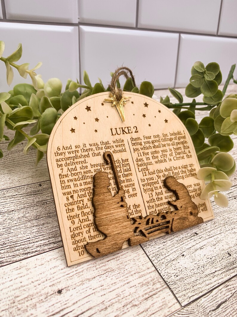 Engraved Nativity Ornament: Luke 2 Christmas Story, Wooden Christian ...
