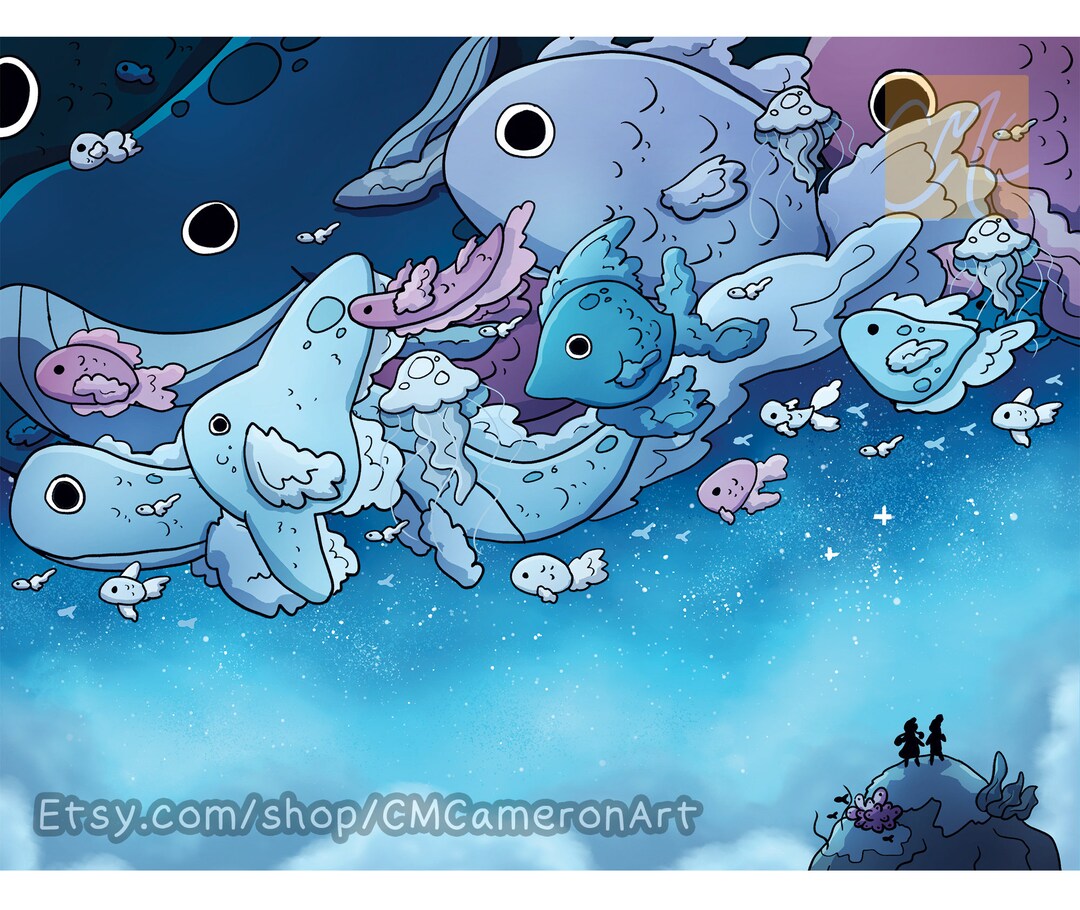 Blue Skies, Fantasy Fine Art Print, Flying Fish, Animal Illustration ...