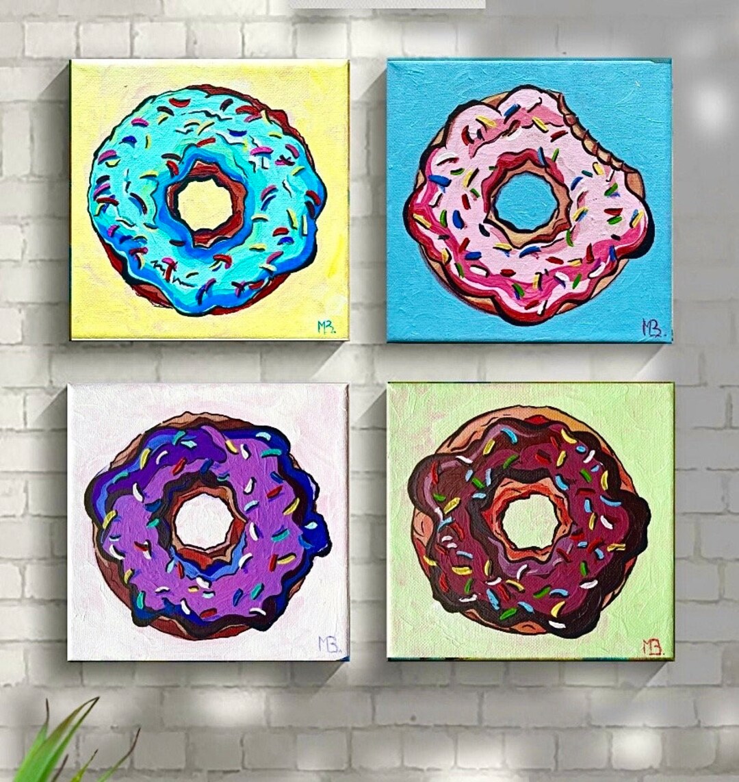 Set of 4 Donut Paintings - Vibrant Wall Art Collection With Sprinkles ...