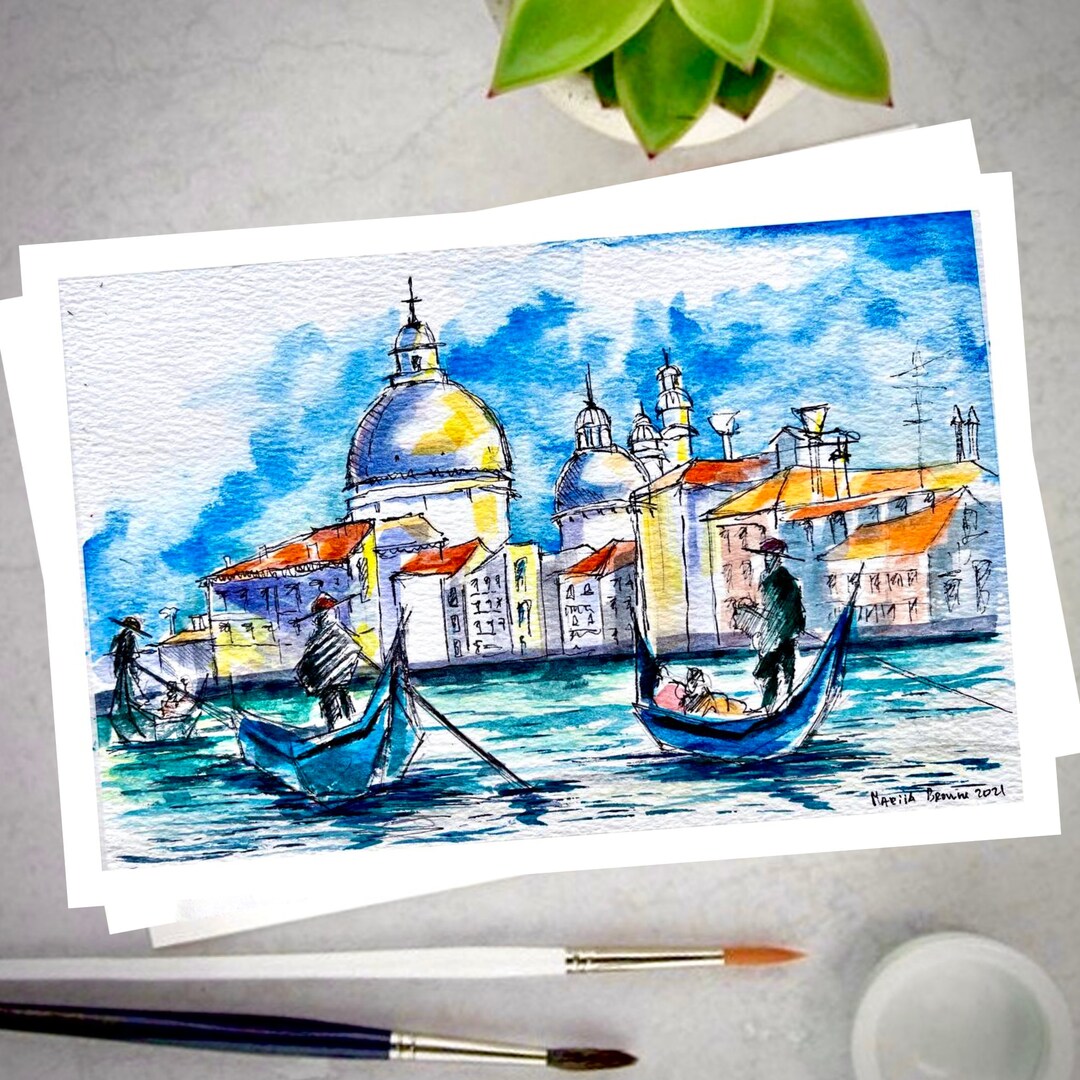 Venice Italy Gondola Wall Art Watercolor Painting Boat Lake River ...