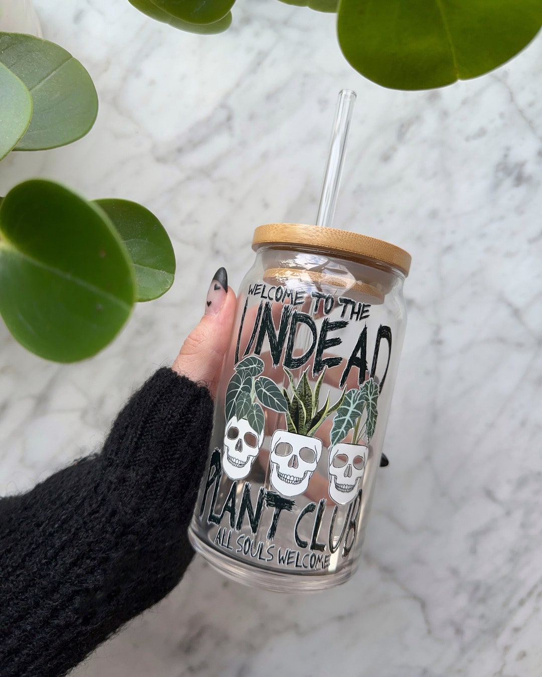 Glass Can 16oz With Lid and Straw, Undead Plant Club, Skull Cup, Skull ...