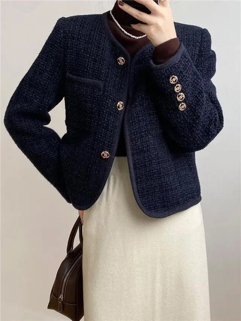 Elegant Navy Blue Tweed Jacket Blue Blazer Short Coat Etsy Uk