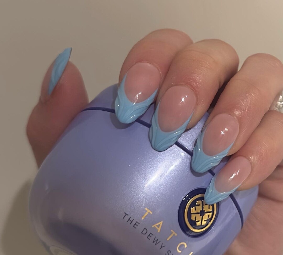 Dreamy Sky Blue French Tips With 3D Clear Gel Swirls Custom Gel Press ...