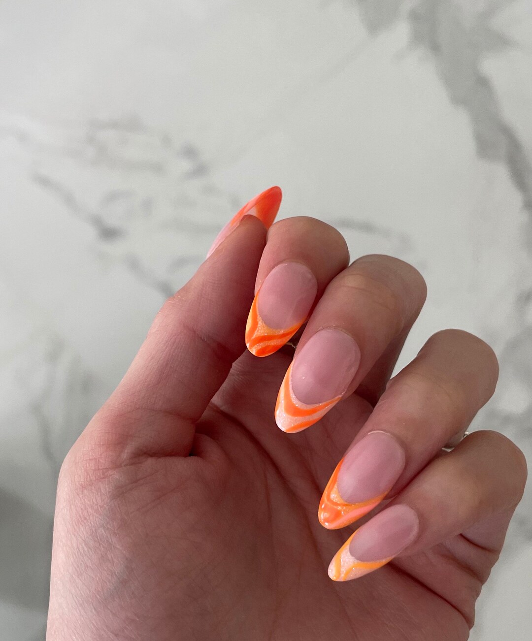 Premium Custom Gel Press on Nails Multi-colour Orange Abstract French ...