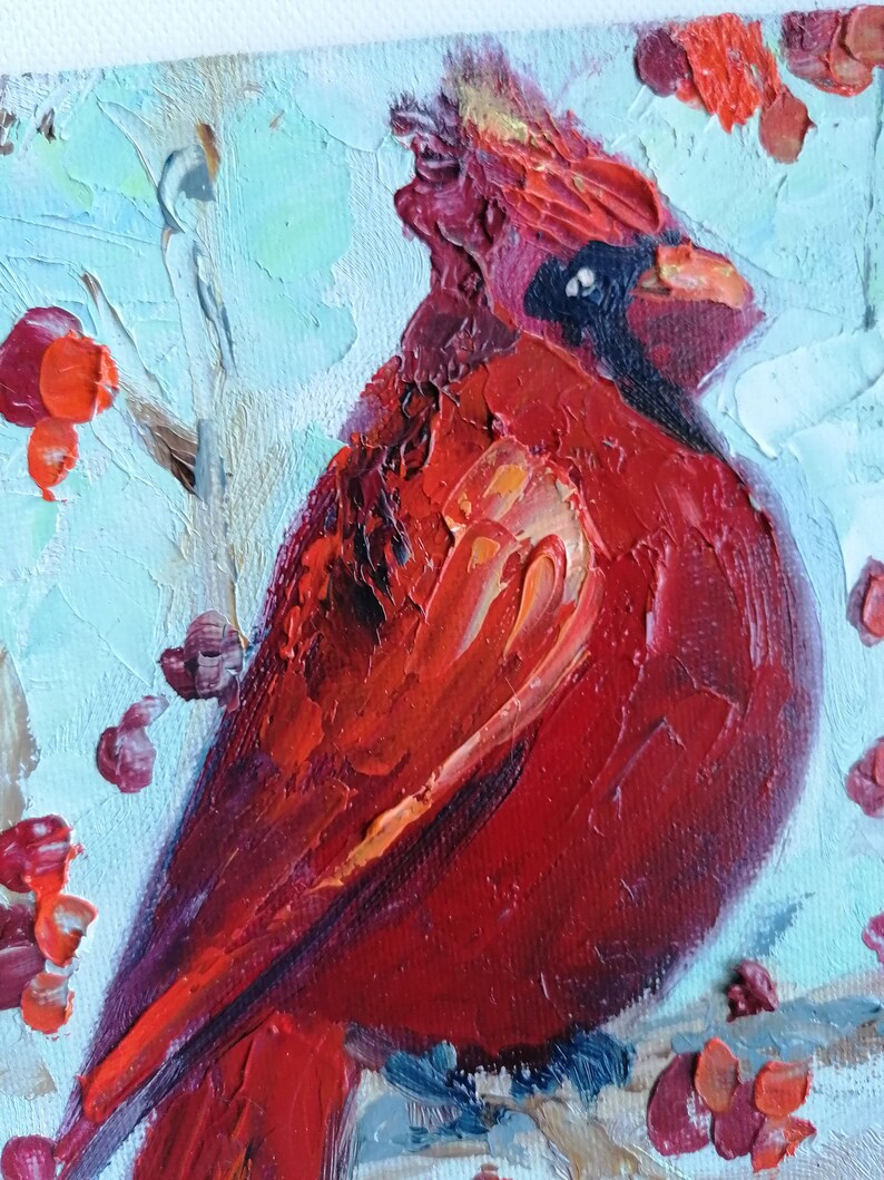 Red Cardinal Painting Bird Original Art 6 X 8 Oil Painting Winter Home ...