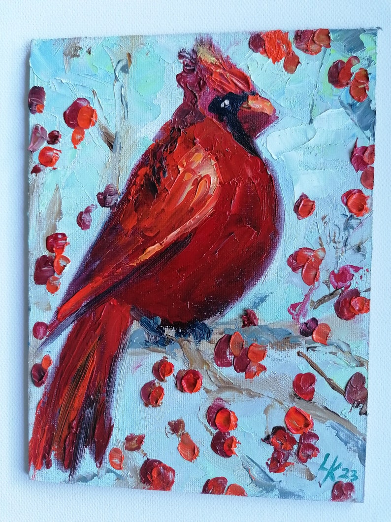 Red Cardinal Painting Bird Original Art 6 X 8 Oil Painting Winter Home ...