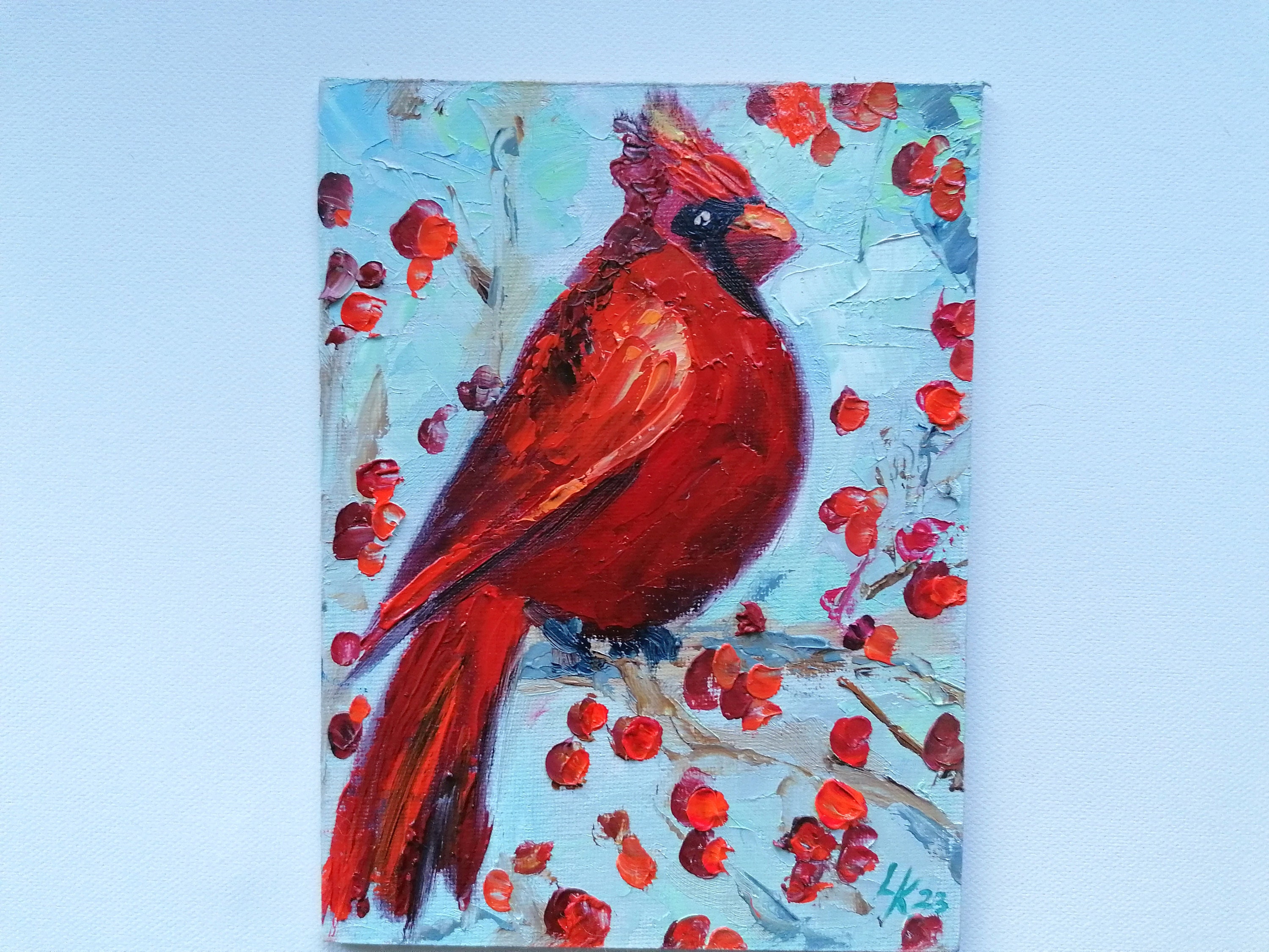 Red Cardinal Painting Bird Original Art 6 X 8 Oil Painting Winter Home ...