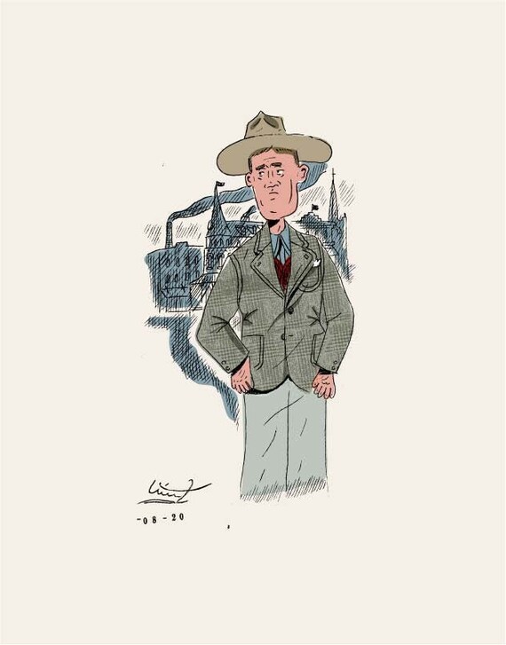 Illustration Print Suited Man Retro Tweed Drawing | Etsy