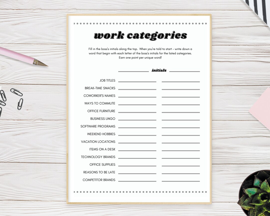 Work Word Categories Game, Work Happy Hour Activity, Fun Printable ...