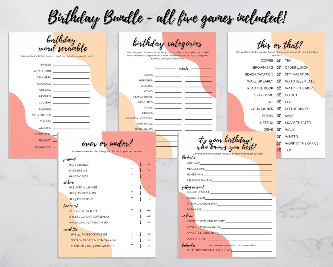 Printable Birthday Bundle 5 Birthday Party Games for Adults, Kid ...