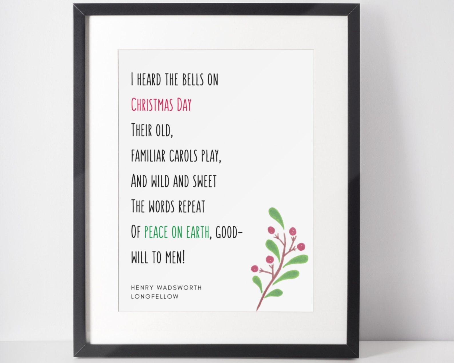 Bells on Christmas Day Wall Art, Christmas Printable Quote Peace on ...