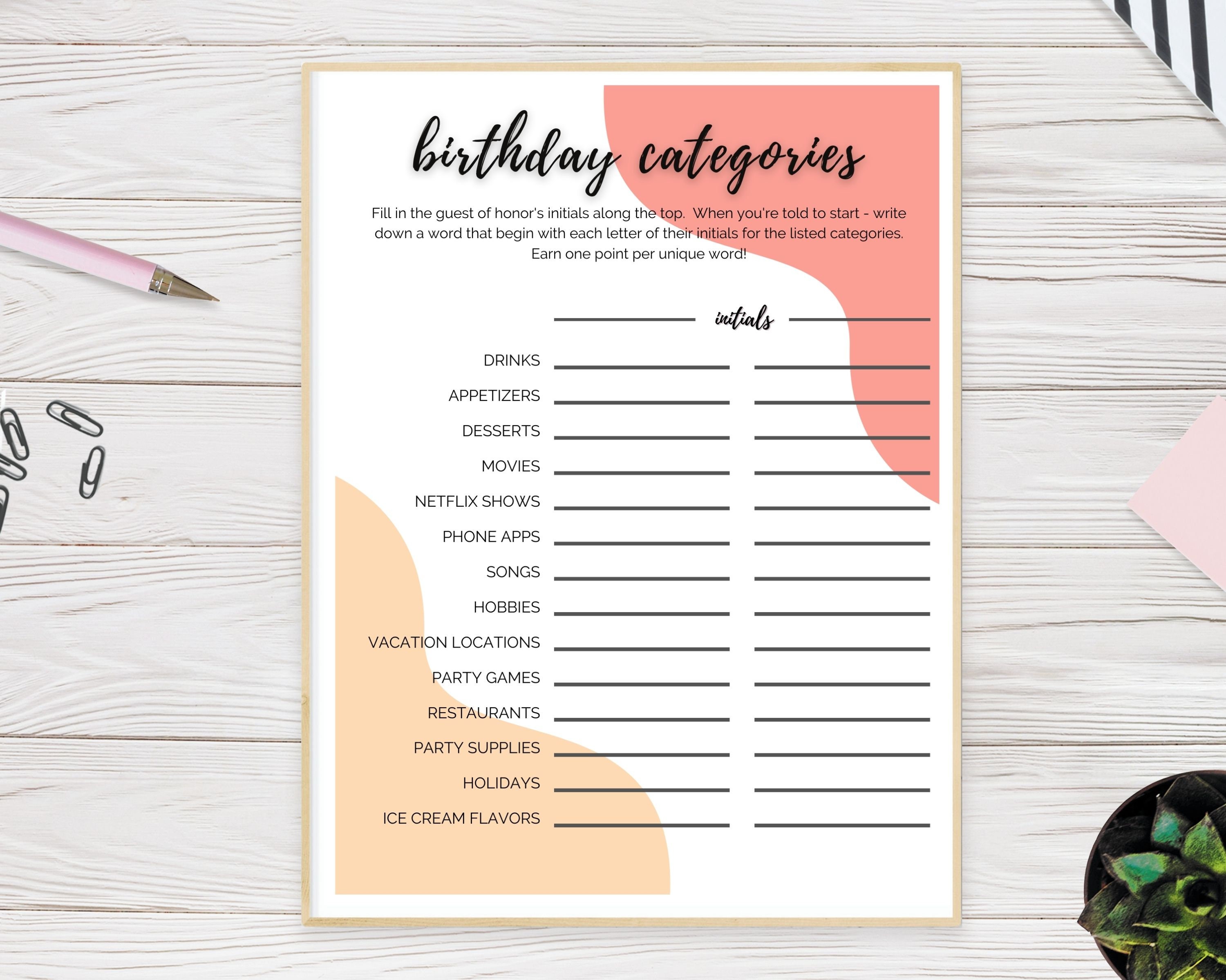 Birthday Word Categories Game, Printable Birthday Party Activity, Fun ...