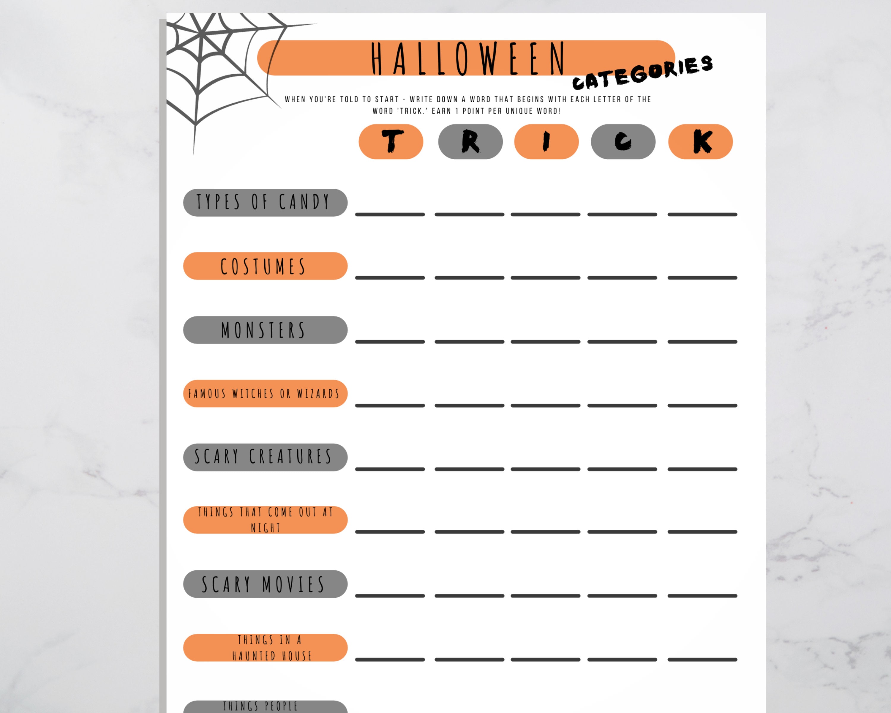 Halloween Categories Printable Game, Icebreaker Activity for Halloween ...