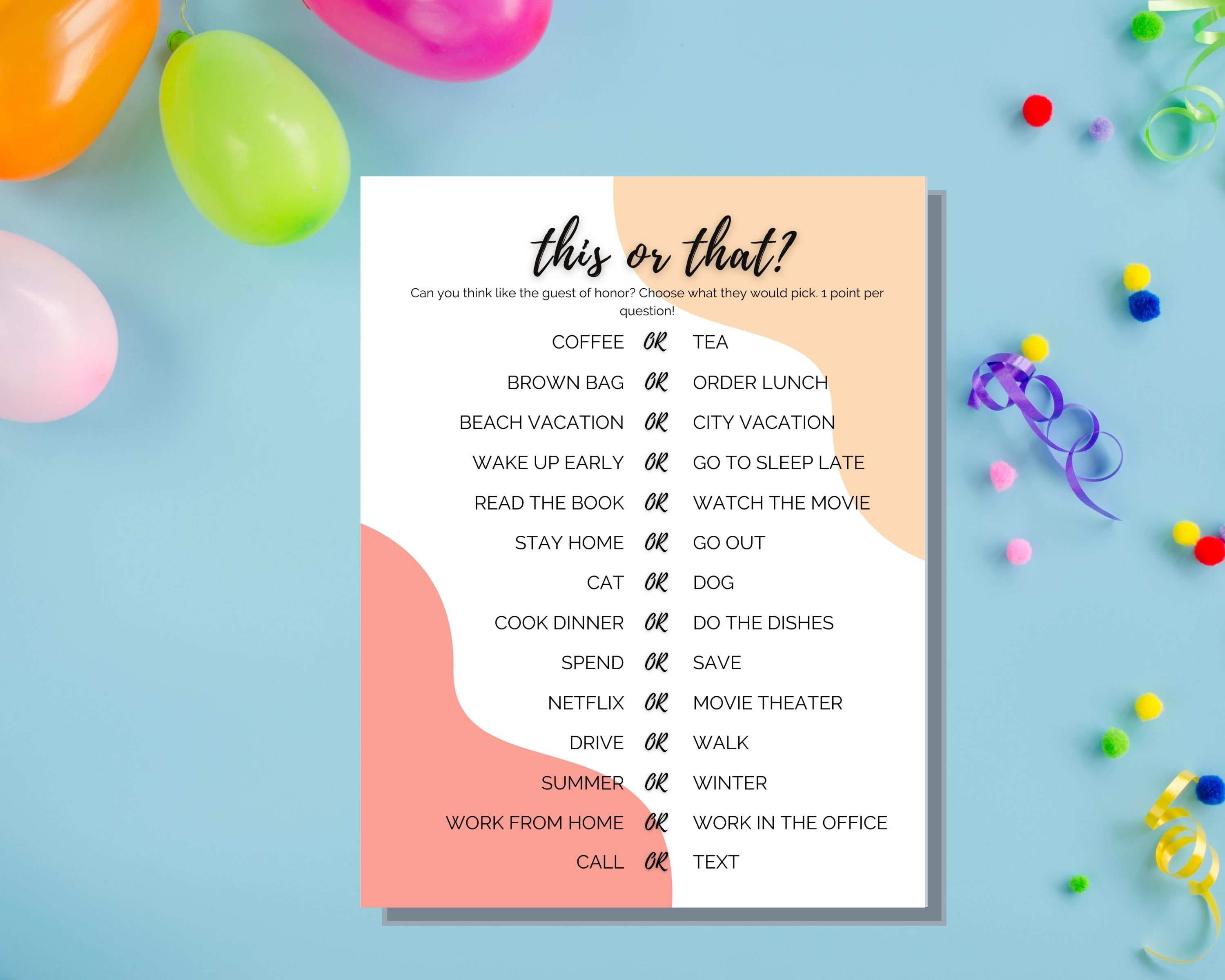 This or That Birthday Game: Fun Party Activity (digital Download) - Etsy