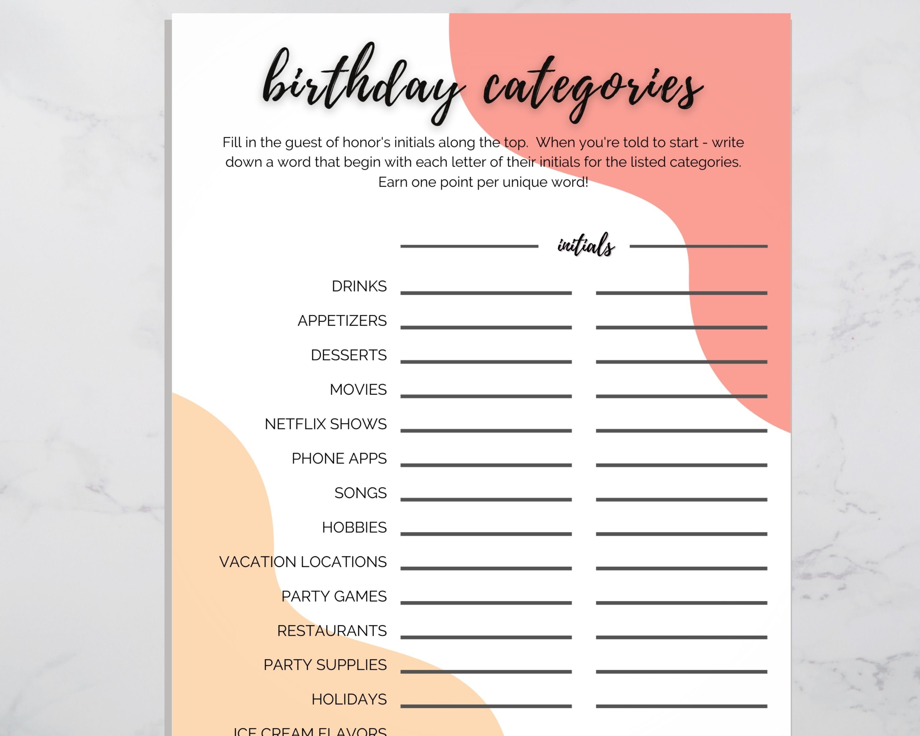 Birthday Word Categories Game, Printable Birthday Party Activity, Fun ...