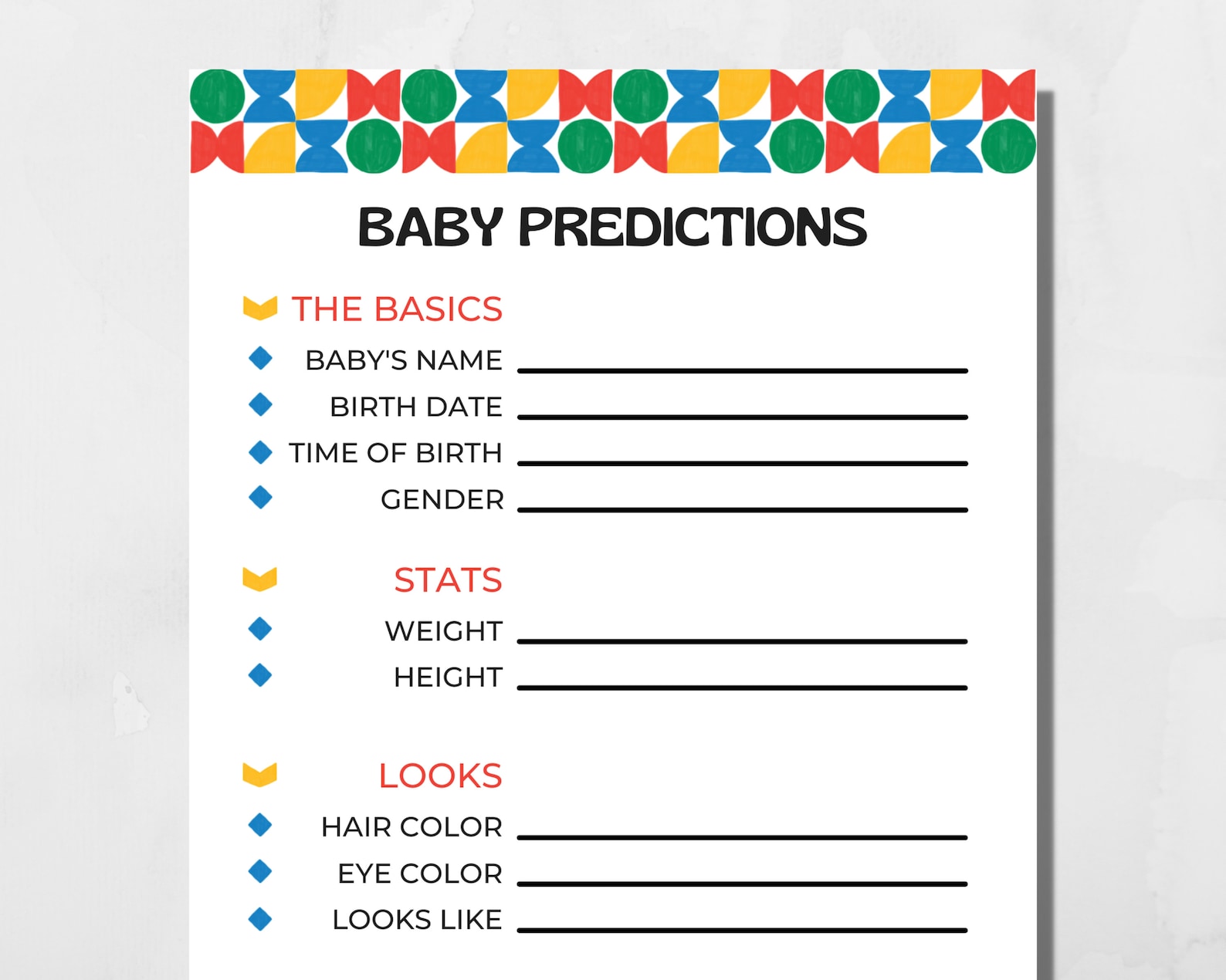Baby Shower Predictions Printable Game Sheet, Instant Download Activity ...