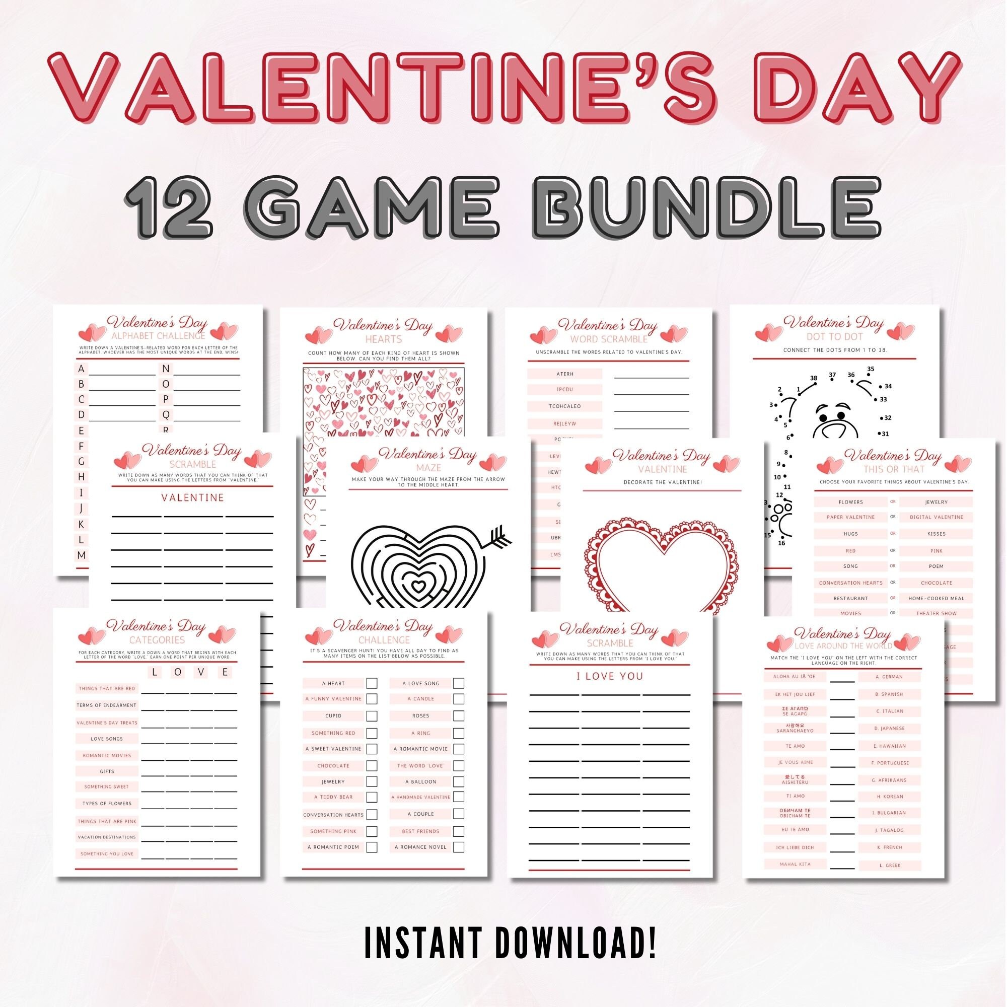 Valentine's Day Printable Game Bundle, 12 Fun Valentine's Day ...
