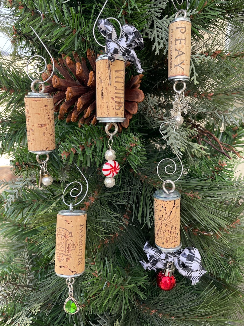Handcrafted Wine Cork Christmas Ornaments With Festive Charms - Etsy